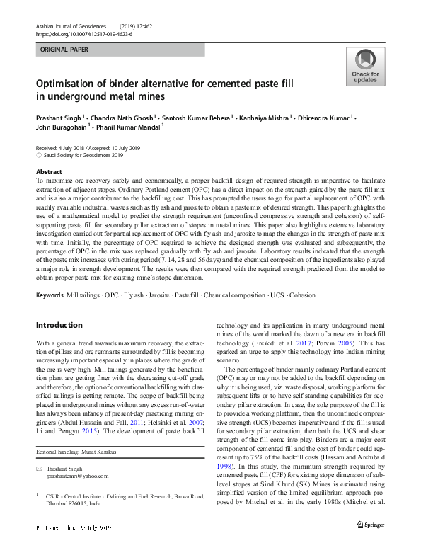 (PDF) Optimisation of binder alternative for cemented paste fill in ...
