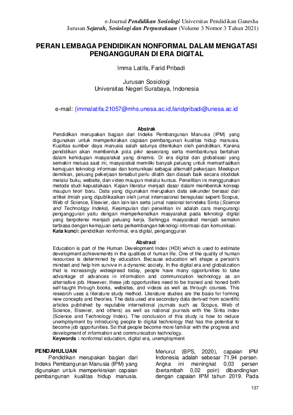 (PDF) Peran Lembaga Pendidikan Nonformal Dalam Mengatasi Pengangguran DI Era Digital