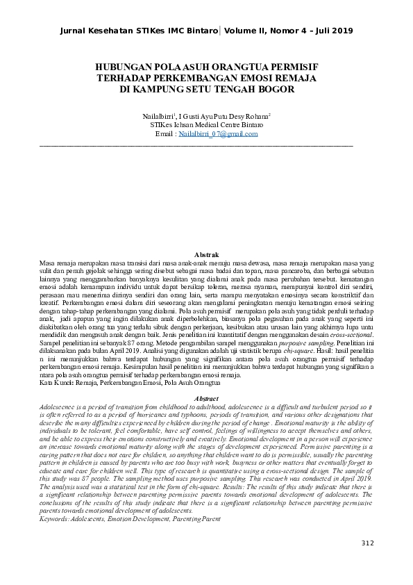 (PDF) Hubungan Pola Asuh Orangtua Permisif Terhadap Perkembangan Emosi ...
