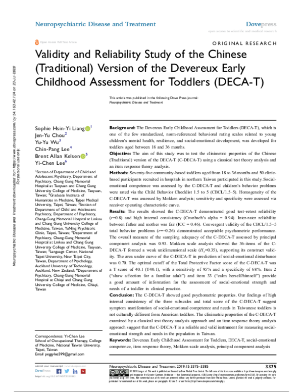 (PDF) Validity and Reliability Study of the Chinese Traditional Version of the Devereux Early ...