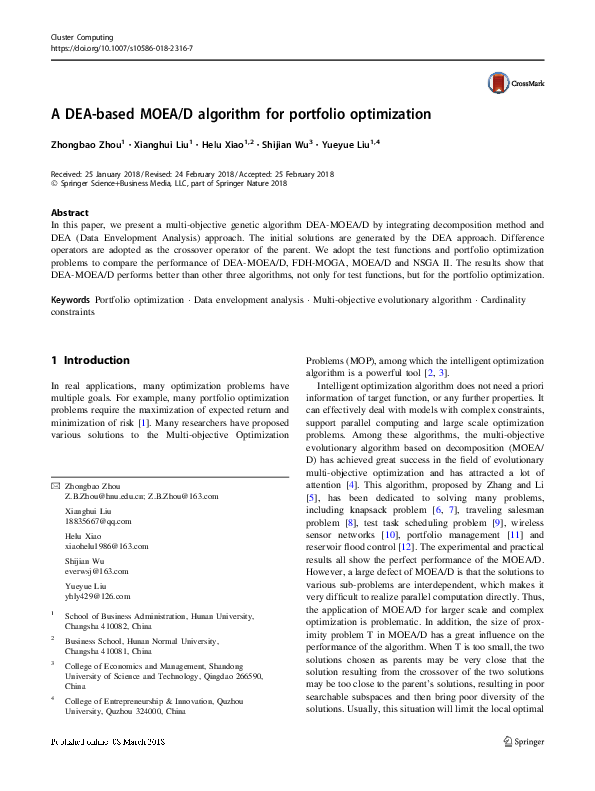 (PDF) A DEA-based MOEA/D algorithm for portfolio optimization