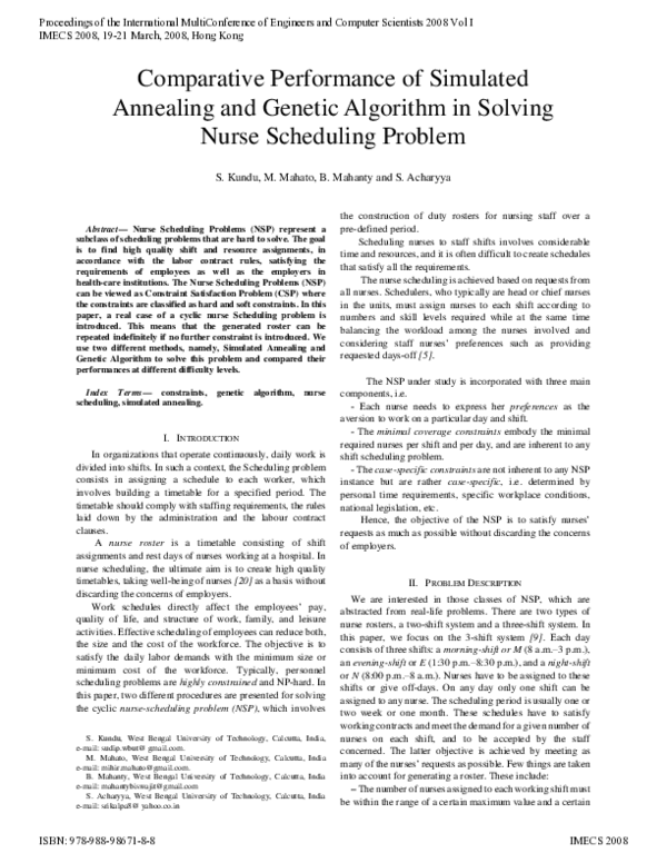 (PDF) Comparative Performance of Simulated Annealing and Genetic Algorithm in Solving Nurse ...