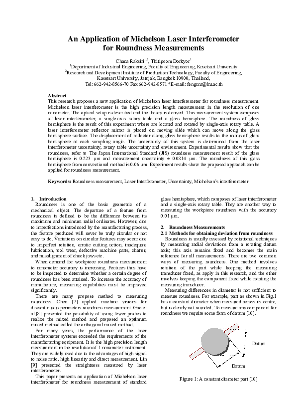 (PDF) An Application of Michelson Laser Interferometer for Roundness Measurements