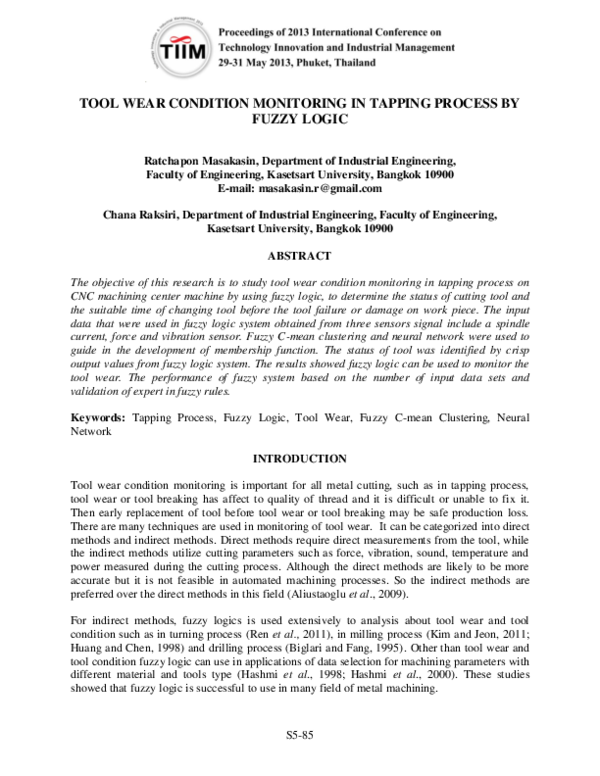 Pdf Tool Wear Condition Monitoring In Tapping Process By Fuzzy Logic