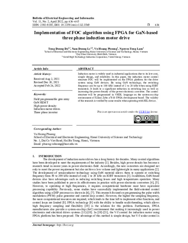 Pdf Implementation Of Foc Algorithm Using Fpga For Gan Based Three Phase Induction Motor Drive