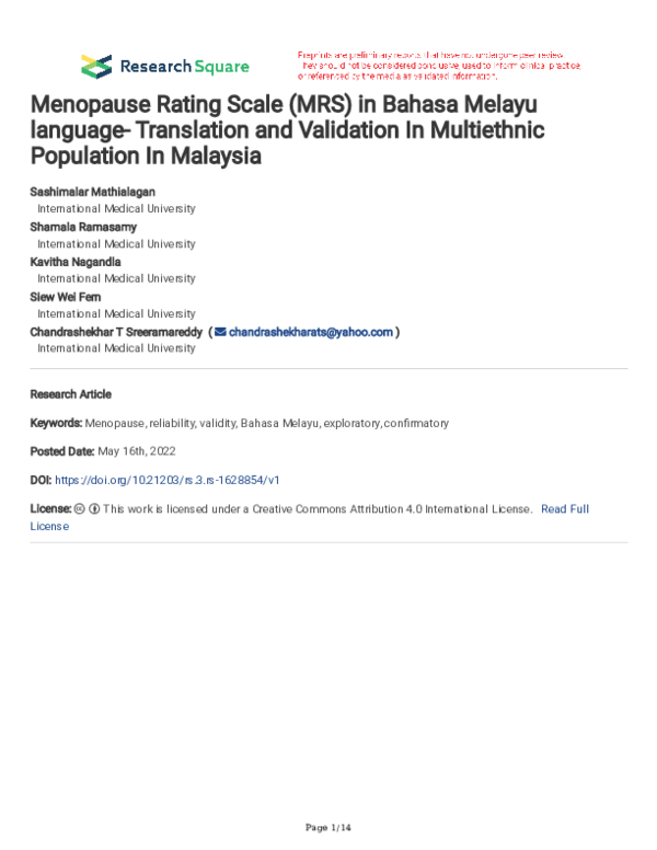 (PDF) Menopause Rating Scale (MRS) in Bahasa Melayu language ...