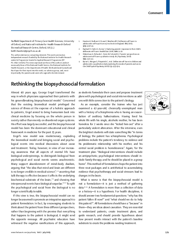 (PDF) Rethinking the biopsychosocial formulation