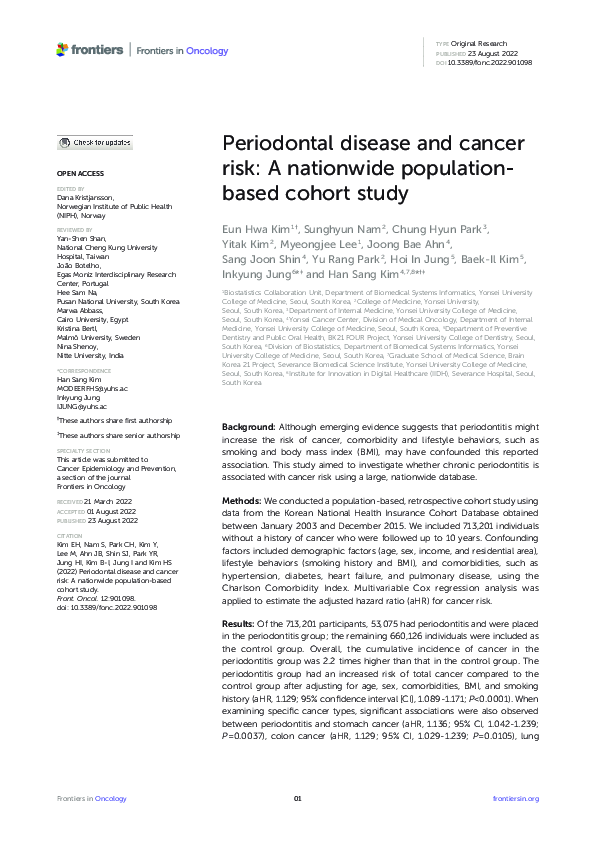 (PDF) Periodontal disease and cancer risk: A nationwide population ...