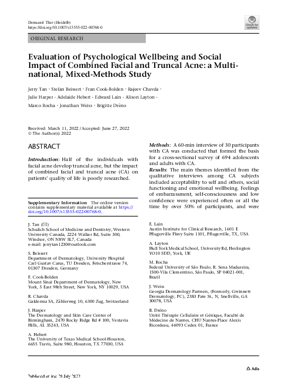Pdf Evaluation Of Psychological Wellbeing And Social Impact Of Combined Facial And Truncal