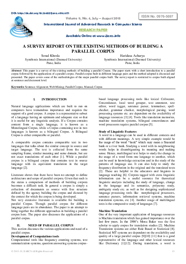 (PDF) A Survey Report on the Existing Methods of Building a Parallel Corpus