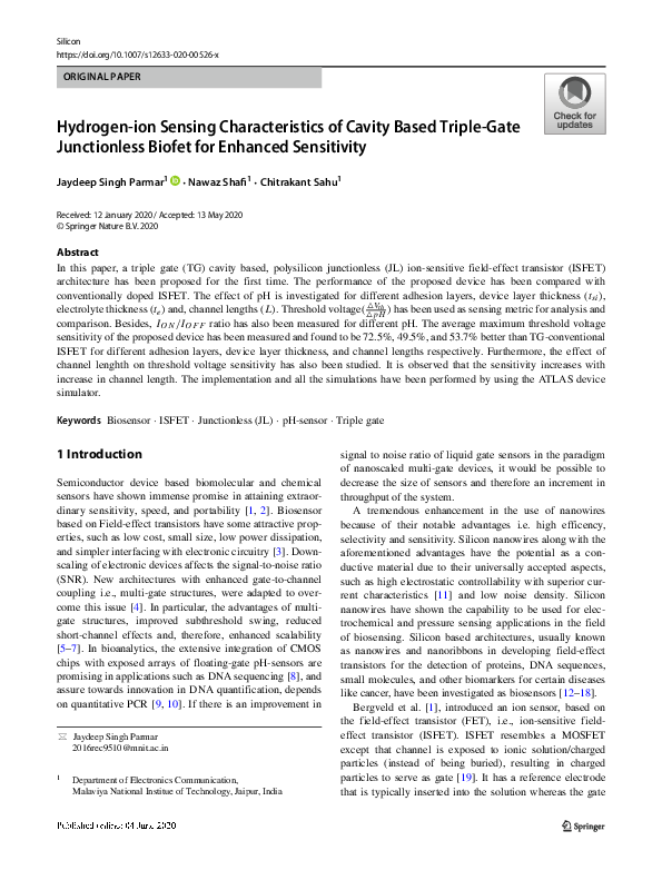 (PDF) Hydrogen-ion Sensing Characteristics of Cavity Based Triple-Gate ...