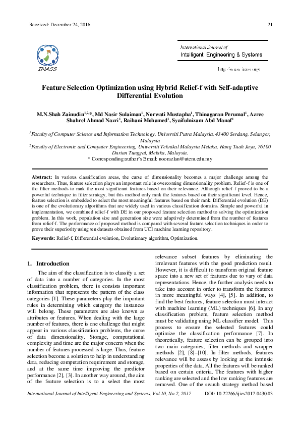 (PDF) Feature Selection Optimization using Hybrid Relief-f with Self-adaptive Differential Evolution