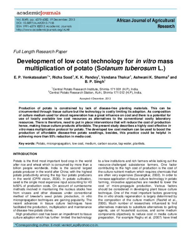 (PDF) Development of Low Cost Technology for in Vitro Mass ...