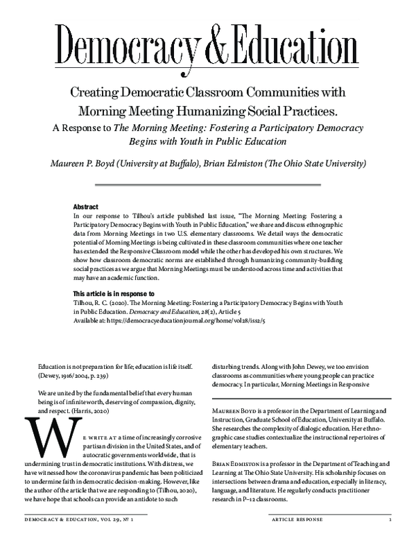 (PDF) Creating Democratic Classroom Communities with Morning Meeting ...