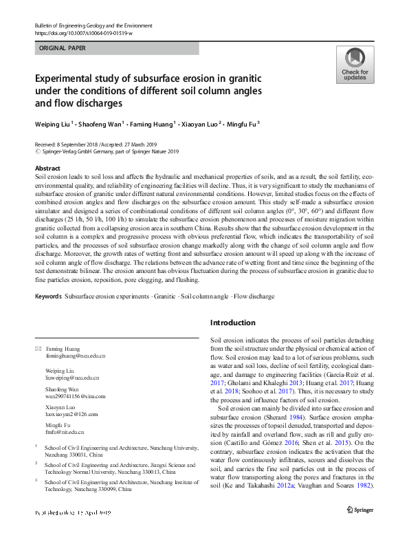 (PDF) Experimental study of subsurface erosion in granitic under the ...