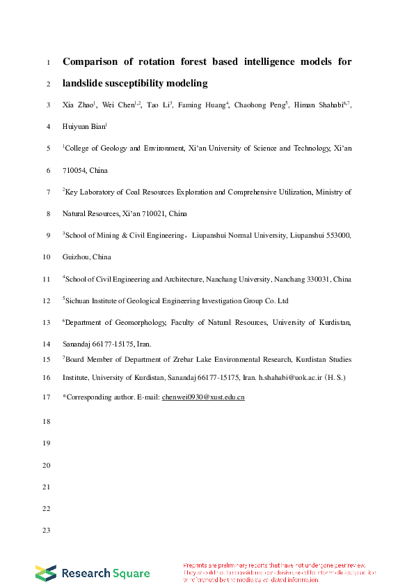 (PDF) Comparison of rotation forest based intelligence models for landslide susceptibility modeling