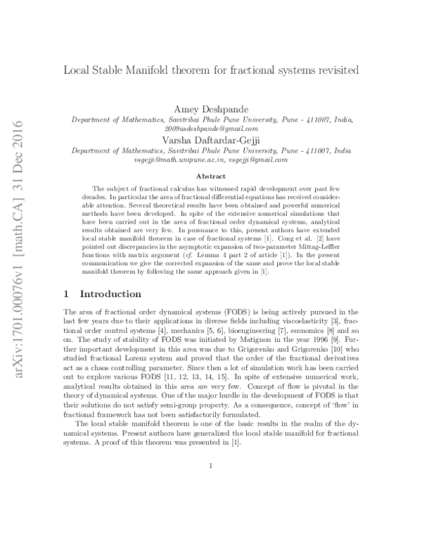 (PDF) Local stable manifold theorem for fractional systems | Varsha Gejji - Academia.edu