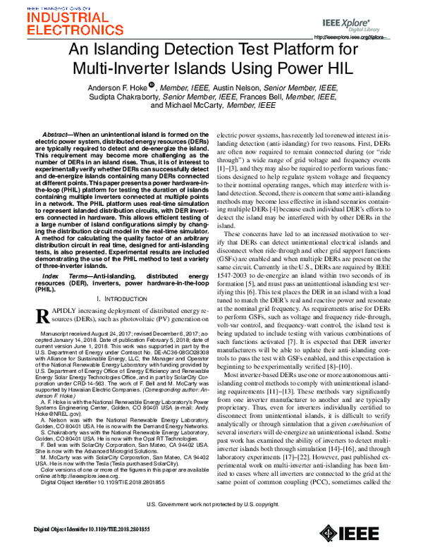 Pdf An Islanding Detection Test Platform For Multi Inverter Islands Using Power Hil