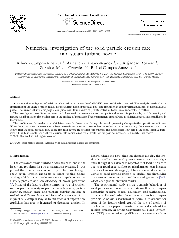 (PDF) Numerical investigation of the solid particle erosion rate in a steam turbine nozzle