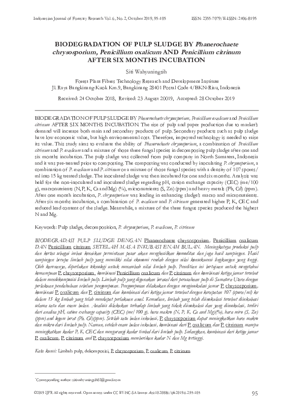 (PDF) BIODEGRADATION OF PULP SLUDGE BY Phanerochaete chrysosporium ...