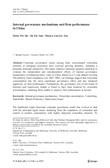 (PDF) Internal governance mechanisms and firm performance in China