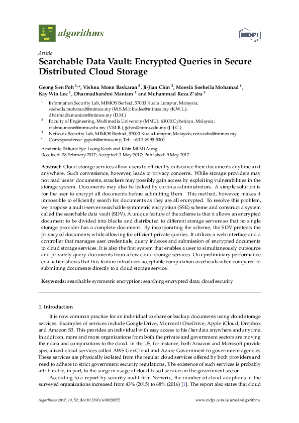 Pdf Searchable Data Vault Encrypted Queries In Secure Distributed Cloud Storage Geong Sen