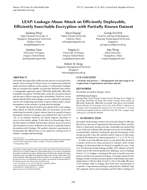(PDF) LEAP: Leakage-Abuse Attack on Efficiently Deployable, Efficiently Searchable Encryption ...