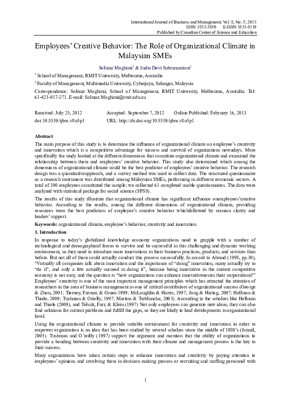 (PDF) Employees’ Creative Behavior: The Role of Organizational Climate in Malaysian SMEs