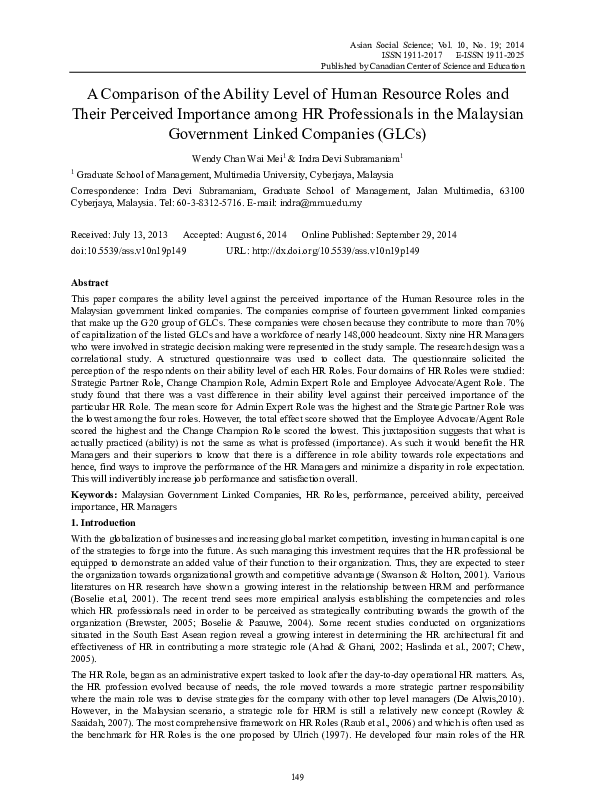 (PDF) A Comparison of the Ability Level of Human Resource Roles and ...