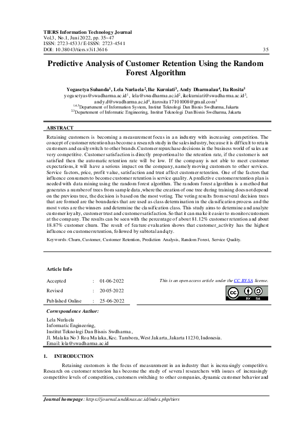 Pdf Predictive Analysis Of Customer Retention Using The Random Forest Algorithm