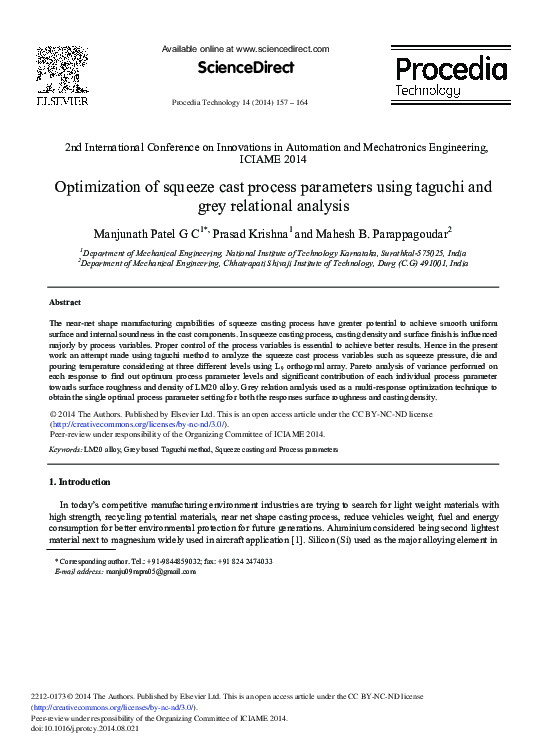 (PDF) Optimization of Squeeze Cast Process Parameters Using Taguchi and Grey Relational Analysis