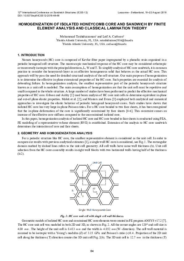 (PDF) Homogenization of isolated honeycomb core and sandwich by finite element analysis and ...