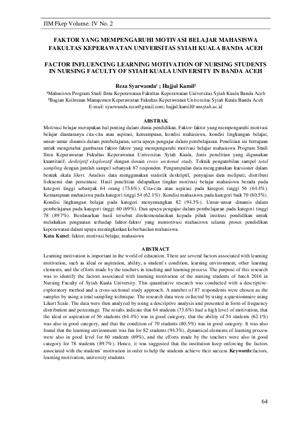 (PDF) Faktor Yang Mempengaruhi Motivasi Belajar Mahasiswa Fakultas Keperawatan Universitas Syiah ...