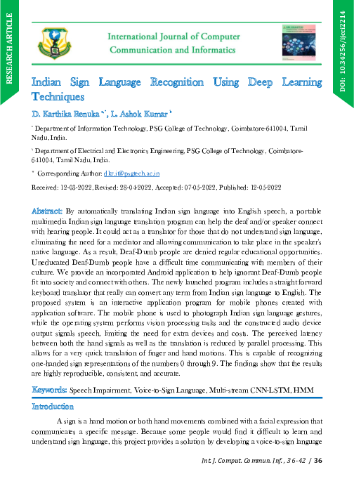 Pdf Indian Sign Language Recognition Using Deep Learning Techniques