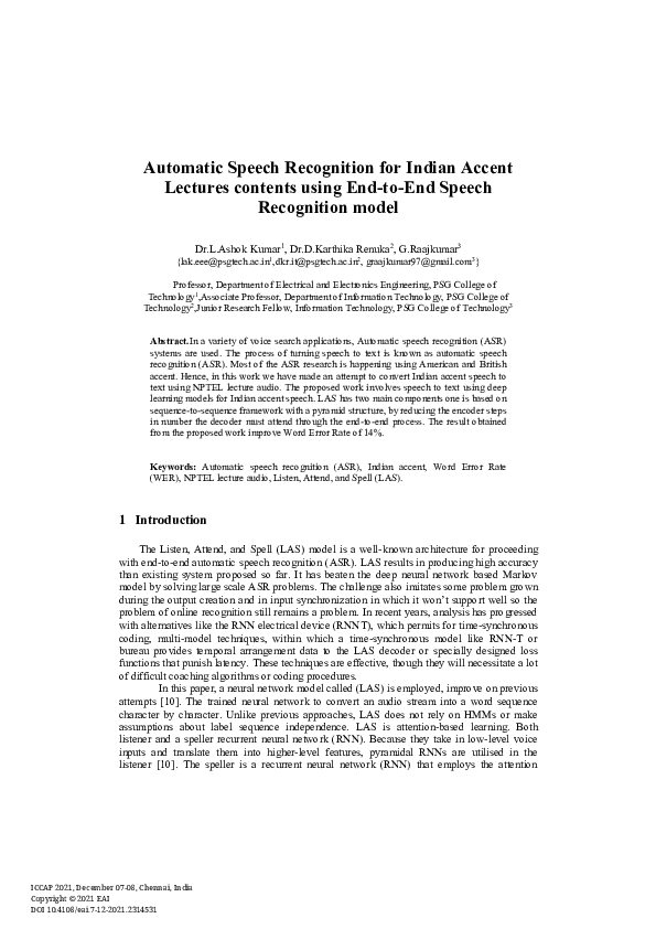 (PDF) Automatic Speech Recognition for Indian Accent Lectures contents using End-to-End Speech ...