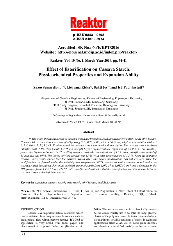 (PDF) Effect of Esterification on Cassava Starch: Physicochemical Properties and Expansion Ability