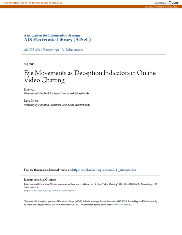 (PDF) Eye Movements as Deception Indicators in Online Video Chatting