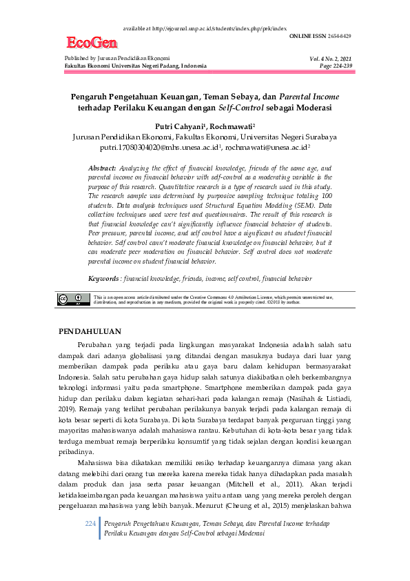 (PDF) Pengaruh Pengetahuan Keuangan, Teman Sebaya, dan Parental Income terhadap Perilaku ...