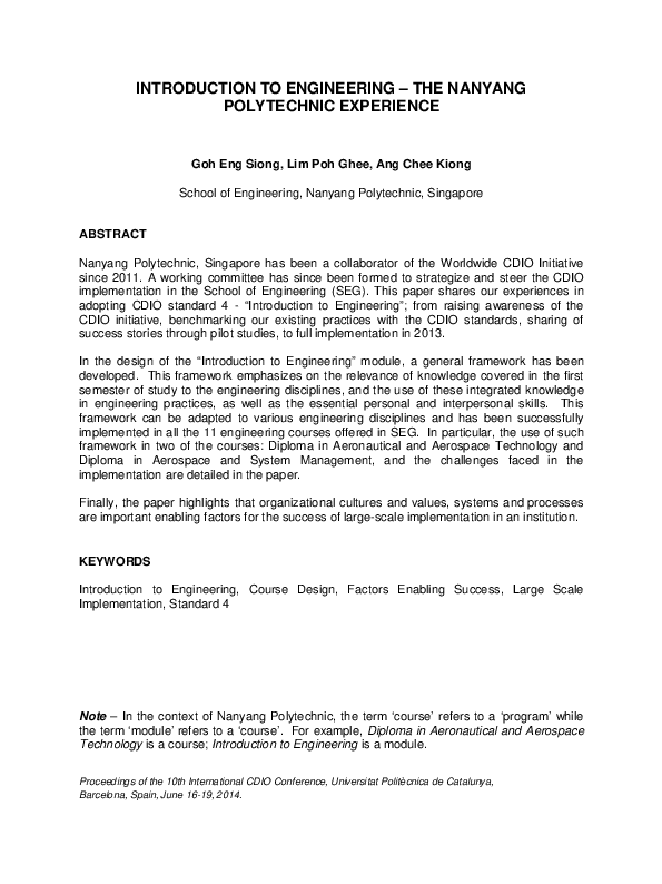 (PDF) Introduction to Engineering - the Nanyang Polytechnic Experience