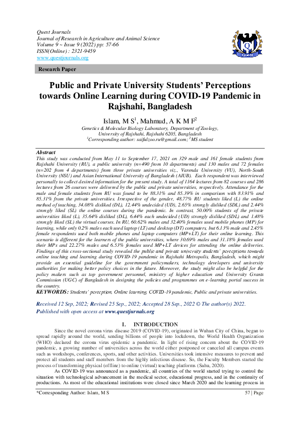 (PDF) Public and Private University Students' Perceptions towards Online Learning during COVID ...