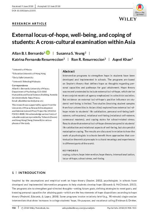 (PDF) External locus-of-hope, well-being, and coping of students: A ...