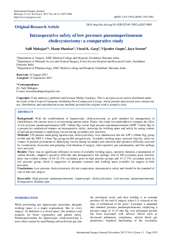 (PDF) Intraoperative safety of low pressure pneumoperitoneum cholecystectomy: a comparative ...