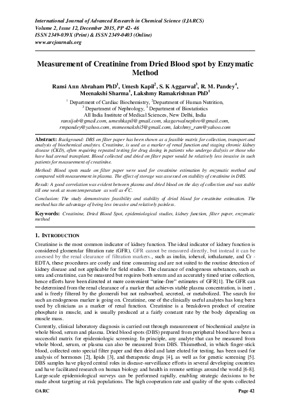 (PDF) Measurement of Creatinine from Dried Blood spot by Enzymatic Method
