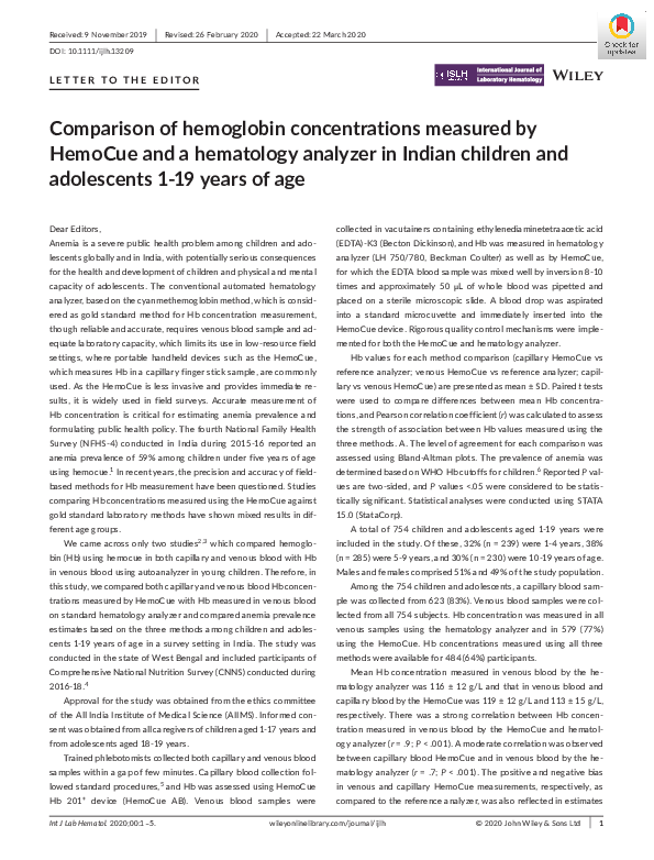 (PDF) Comparison of hemoglobin concentrations measured by HemoCue and a ...