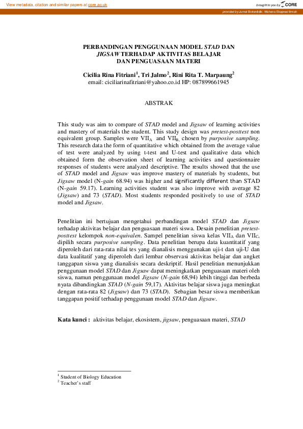 (PDF) Perbandingan Penggunaan Model Stad Dan Jigsaw Terhadap Aktivitas Belajar Dan Penguasaan Materi