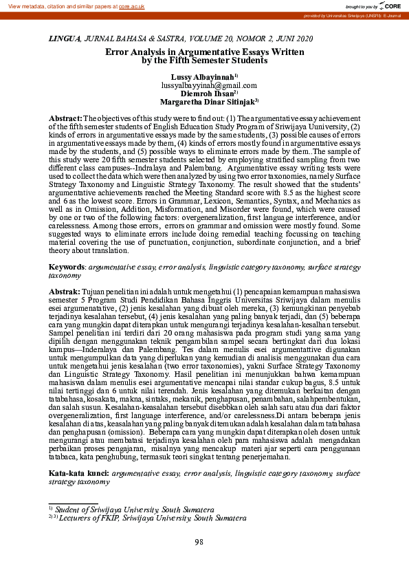 (PDF) Error Analysis in Argumentative Essays Written by the Fifth Semester Students