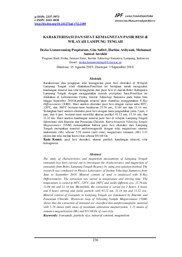 (PDF) KARAKTERISASI DAN SIFAT KEMAGNETAN PASIR BESI di WILAYAH LAMPUNG TENGAH