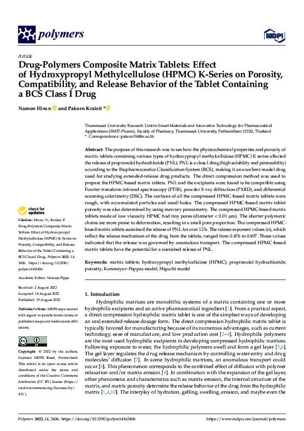 (PDF) Drug-Polymers Composite Matrix Tablets: Effect of Hydroxypropyl Methylcellulose (HPMC) K ...
