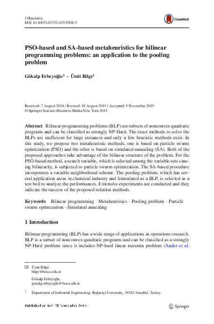 Pdf Pso Based And Sa Based Metaheuristics For Bilinear Programming Problems An Application To