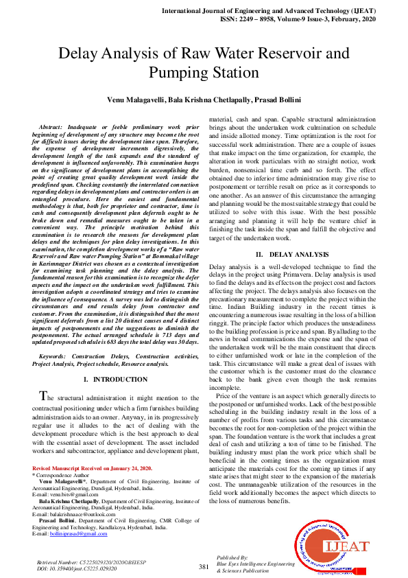 (PDF) Delay Analysis of Raw Water Reservoir and Pumping Station